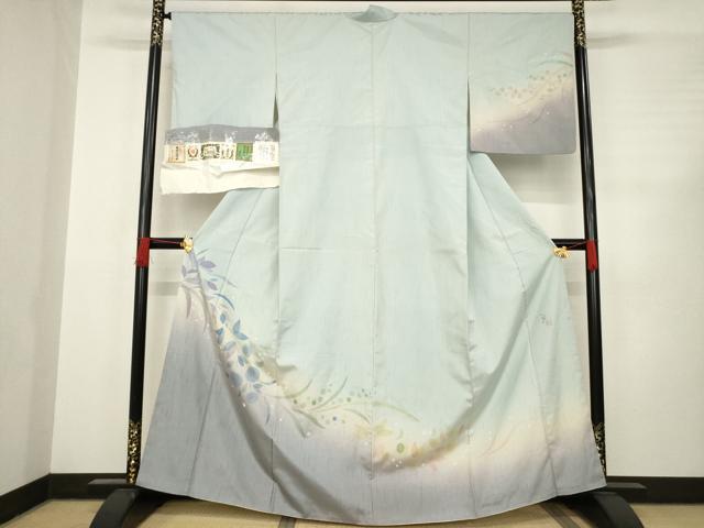 平和屋着物●染めの工房　奈緒音　寺坂ひとみ　結城紬　訪問着　草花文　暈し染め　証紙付き　正絹　逸品　AABC8100ck