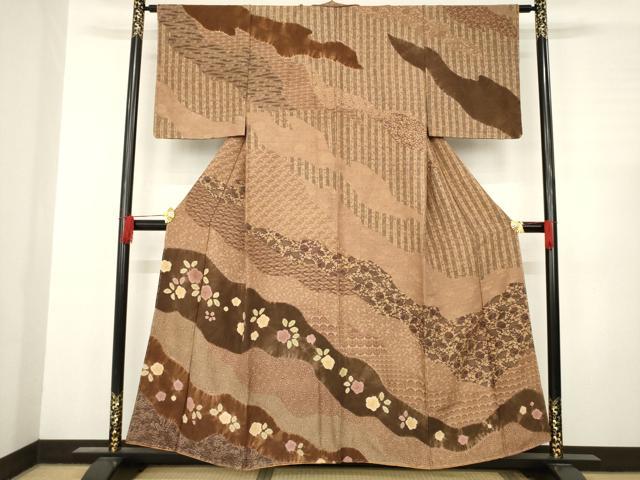 平和屋着物●伝統工芸士　七代目　吉澤与市　訪問着　紬地　絞り　道長花文　正絹　逸品　AABC8109ck