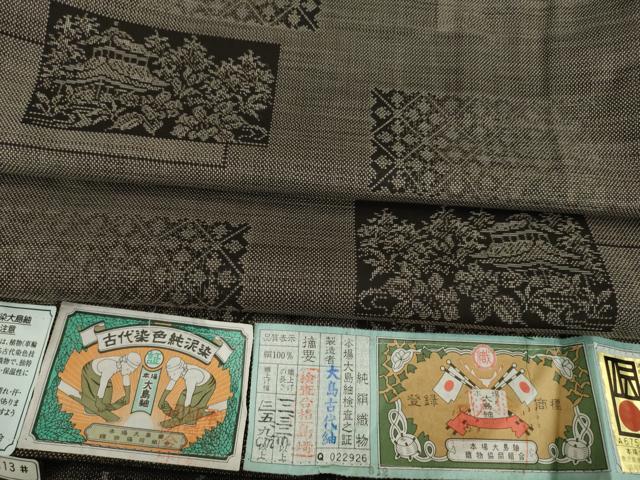 平和屋着物●本場大島紬　カタス9マルキ　色紙重ね風景文　大島古代紬　証紙付き　ロング丈　正絹　逸品　AABC8134ck