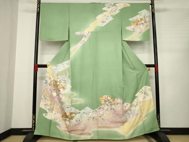 平和屋着物●訪問着　友禅　駒刺繍　松皮菱地紙花文　暈し染め　金彩　正絹　逸品　AABC8141ck