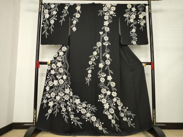 平和屋着物●訪問着　総絞り　本疋田絞り　枝垂れ花文　黒地　正絹　逸品　AABC8652ck