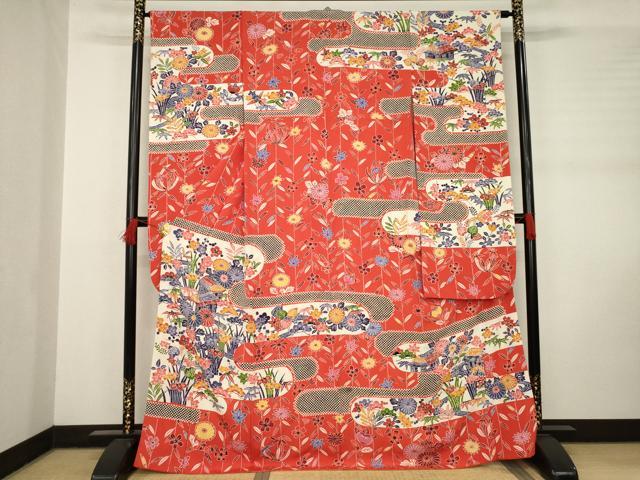 平和屋着物●紅型　振袖　エ霞風景花文　正絹　逸品　AABC8671ck