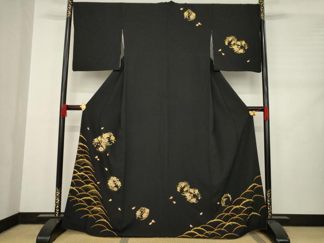 平和屋着物●訪問着　雪芝花丸文　黒地　金彩　やまと誂製　正絹　逸品　AABC9242ck