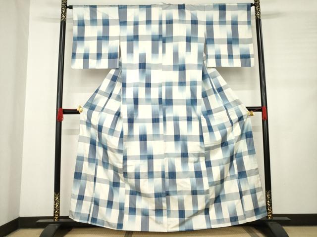 平和屋着物●お召　格子　藍　正絹　逸品　AABC9269ck