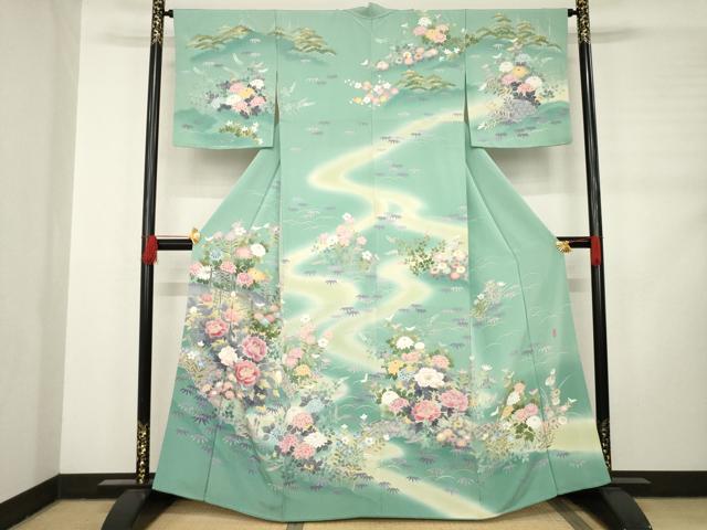 平和屋着物●十日町友禅作家　阿部佳雪　訪問着　流水風景花文　正絹　逸品　AABC9272ck