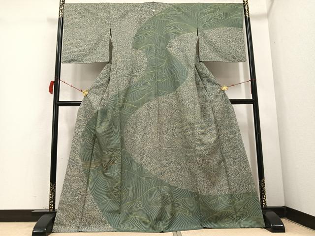 平和屋着物●訪問着　紬地　刺繍　立波花文　金糸　正絹　逸品　AABC9360ph