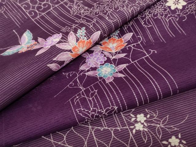 平和屋着物＊夏物　小紋　絽　花蝶文　洗える着物　AABC9373jd