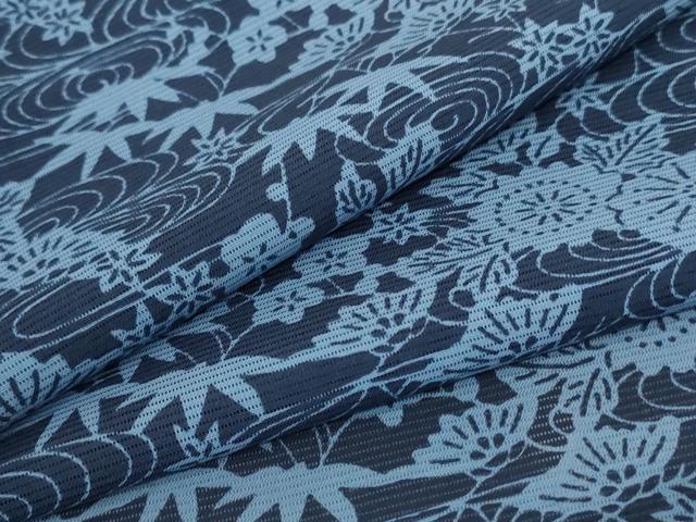 平和屋着物＊夏物　小紋　絽　藍　型染め　流水草花文　正絹　逸品　AABC9402jd