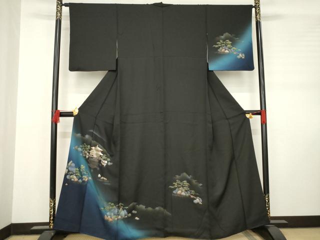 平和屋着物●訪問着　銀閣寺　暈し染め　黒地　金銀彩　正絹　逸品　AABC9441ck