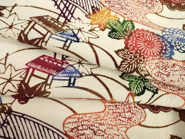 平和屋着物●上質な小紋　型染め　風景花文　鬼しぼ縮緬　正絹　逸品　AABC9466ck