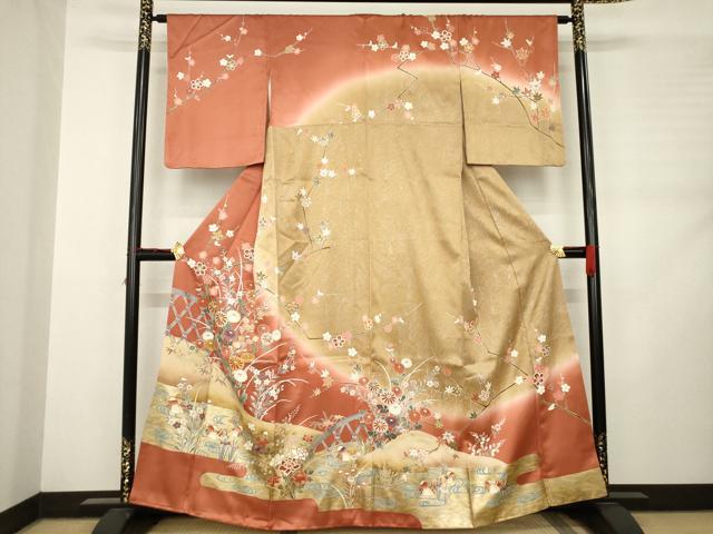 平和屋着物●訪問着　駒刺繍　流水鴛鴦花文　金彩　正絹　逸品　AABC9480ck