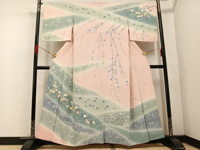 平和屋着物●十日町友禅作家　一梗　訪問着　枝花文　暈し染め　正絹　逸品　AABC9653ph