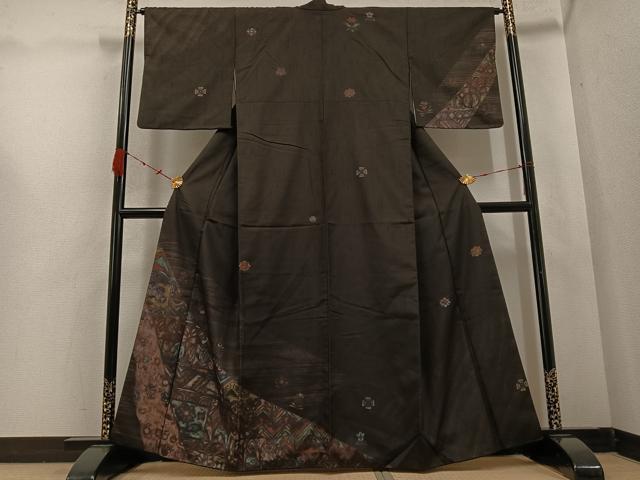 平和屋着物●訪問着　紬地　ろうけつ染　草花文　正絹　逸品　AABC9690ph