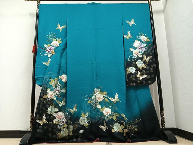 平和屋着物●豪華振袖　花蝶文　暈し染め　金銀彩　ロング丈　正絹　逸品　AABC9696ph