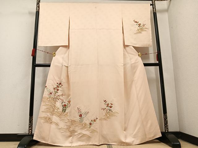 平和屋着物●訪問着　駒刺繍　立波草花文　正絹　逸品　未使用　AABC9701ph