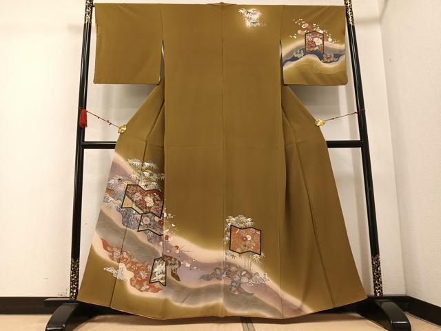 平和屋着物●訪問着　群れ鶴　草花文　暈し染め　金彩　正絹　逸品　AABC9799ph