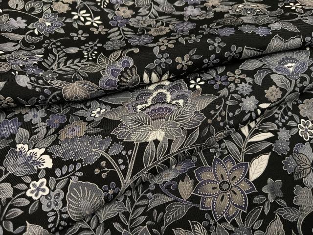 平和屋着物●上質な小紋　更紗花文　黒地　正絹　逸品　未使用　AABC9825ph