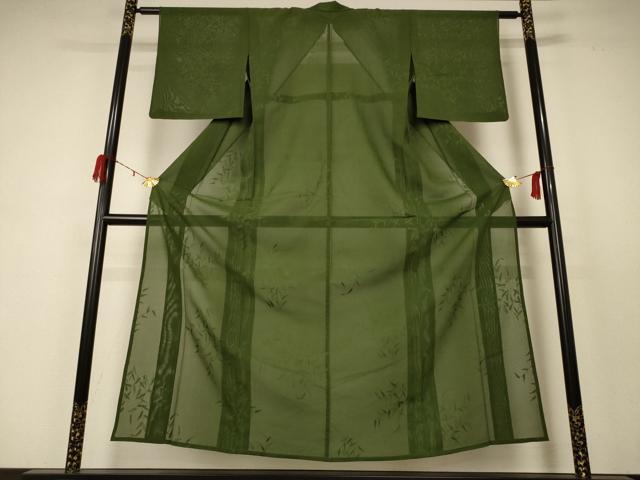 平和屋着物＊夏物　色無地　縦絽　草葉紋紗　草色　正絹　逸品　AABC9942jd