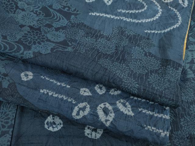 平和屋着物●伝統工芸士　七代目　吉澤与市　紬　絞り　藍　型染め　流水花文　正絹　逸品　AABC9978ck