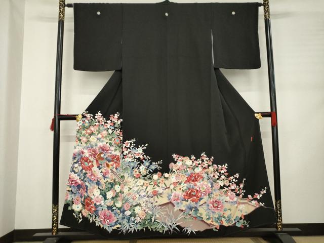 平和屋着物●豪華黒留袖　友禅　作家物　花鳥文　正絹　逸品　AABC9984ck