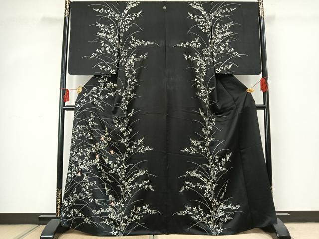 平和屋着物▽訪問着　単衣　刺繍　花蝶文　黒地　正絹　逸品　AABD0032fy