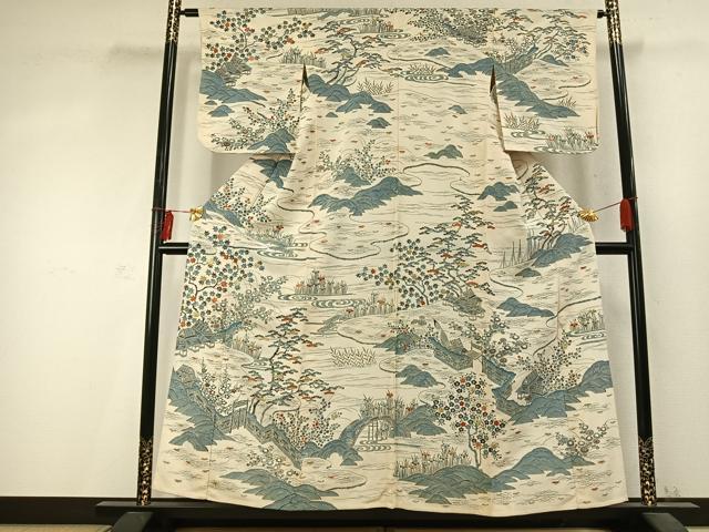 平和屋着物▽訪問着　単衣　刺繍　風景花文　金糸　正絹　逸品　AABD0125fy