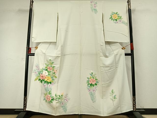 平和屋着物▽訪問着　単衣　手描き　草花文　正絹　逸品　AABD0132fy