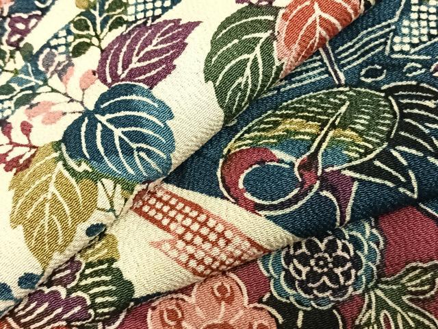 平和屋着物▽上質な小紋　単衣　型染め　切嵌風景花文　鬼しぼ縮緬　正絹　逸品　AABD0171fy