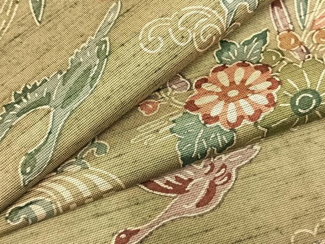 平和屋着物▽上質な小紋　単衣　紬地　型染め　花鳥文　正絹　逸品　AABD0186fy