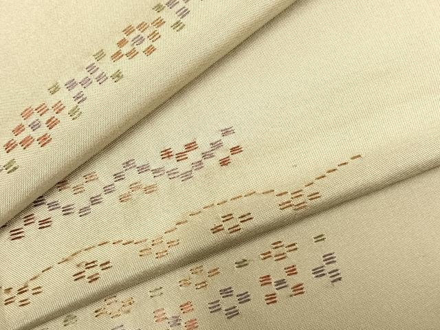 平和屋着物▽上質な紬　単衣　総刺繍　花織　幾何学花文　正絹　逸品　AABD0189fy