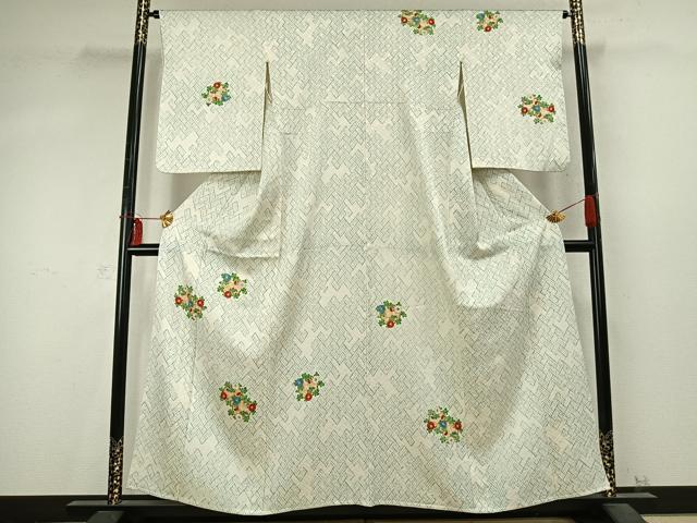 平和屋着物▽訪問着　単衣　檜垣草花丸文　正絹　逸品　AABD0197fy