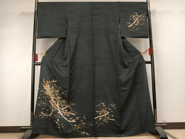 平和屋着物▽訪問着　単衣　駒刺繍　雲取り熨斗花文　黒地　金彩　正絹　逸品　AABD0200fy