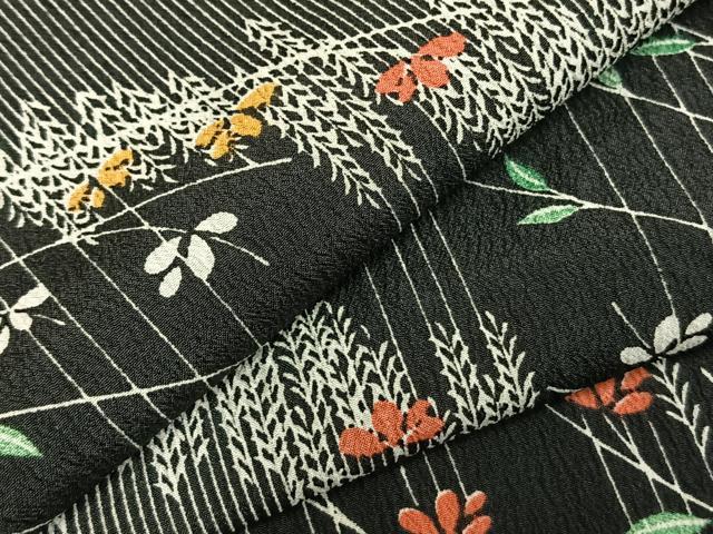 平和屋着物▽小紋　単衣　草花文　黒地　洗える着物　AABD0208fy