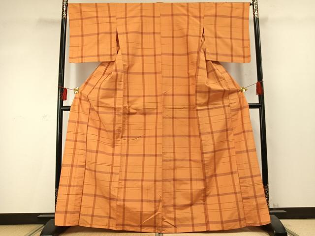 平和屋着物▽上質な紬　単衣　格子　正絹　逸品　AABD0213fy