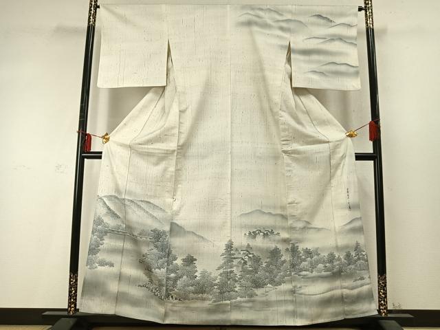 平和屋着物▽訪問着　単衣　紬地　作家物　手描き　風景文　暈し染め　正絹　逸品　AABD0222fy