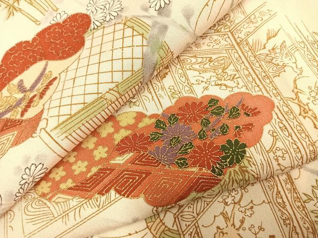 平和屋着物▽上質な小紋　単衣　手描き　雲取り風景花文　金彩　正絹　逸品　AABD0264fy