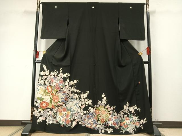 平和屋着物▽本加賀友禅作家　西川健一　黒留袖　単衣　草花文　正絹　逸品　AABD0296fy
