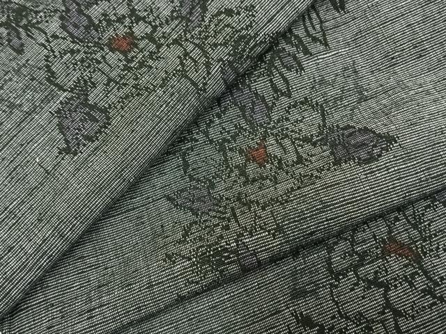 平和屋着物▽上質な紬　単衣　草花文　正絹　逸品　未使用　AABD0298fy