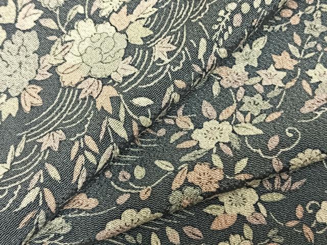 平和屋着物▽上質な小紋　単衣　草花文　鬼しぼ縮緬　正絹　逸品　未使用　AABD0322fy