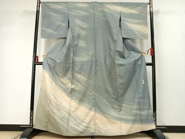 平和屋着物▽石川県指定無形文化財　牛首紬　白山工房　手織り　訪問着　単衣　作家物　霞文　正絹　逸品　AABD0332fy