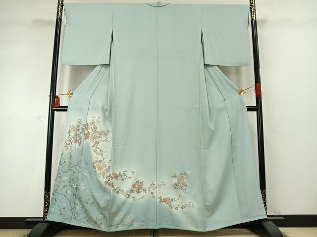 平和屋着物▽訪問着　単衣　刺繍　草花文　暈し染め　金銀彩　正絹　逸品　AABD0356fy