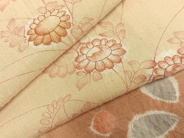 平和屋着物▽上質な紬　単衣　絞り　草花文　正絹　逸品　AABD0360fy