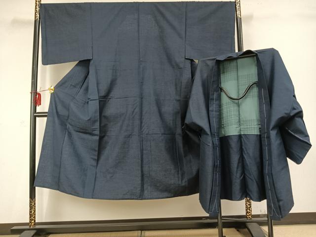 平和屋着物▽男性　単衣　紬　アンサンブル　留紺色　やまと誂製　正絹　逸品　未使用　AABD0369fy