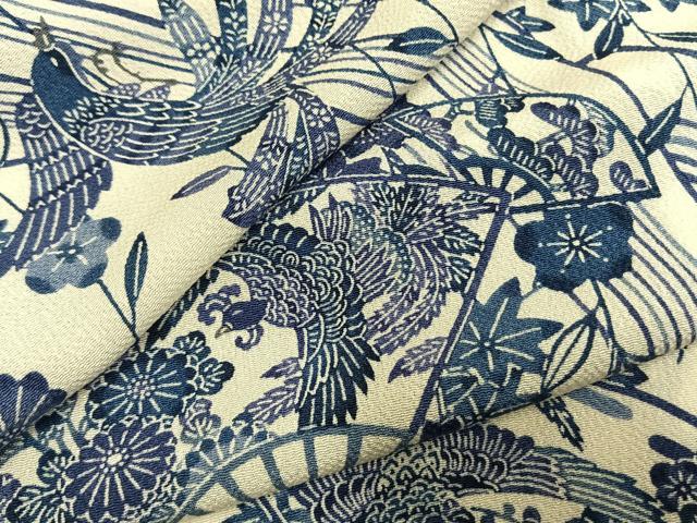 平和屋着物▽上質な小紋　単衣　型染め　扇面花鳥文　鬼しぼ縮緬　正絹　逸品　AABD0371fy