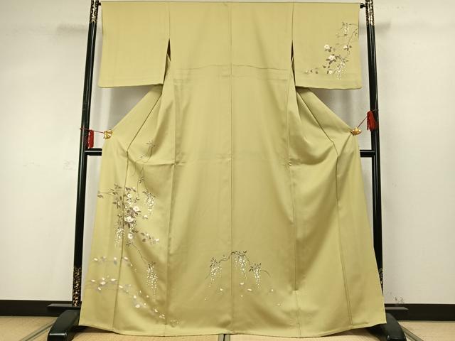 平和屋着物▽訪問着　単衣　刺繍　枝花文　正絹　逸品　AABD0399fy