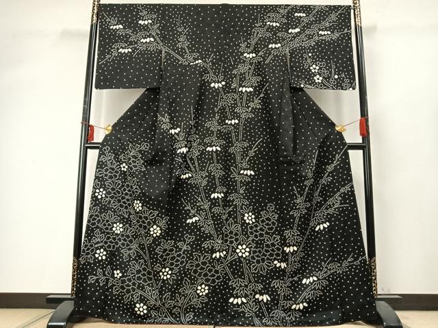 平和屋着物●訪問着　絞り　草花文　黒地　正絹　逸品　AABD0457fy