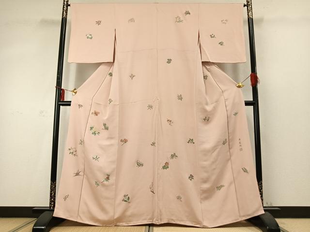 平和屋着物●訪問着　作家物　寿光織　草花文　金銀糸　正絹　逸品　AABD0460fy