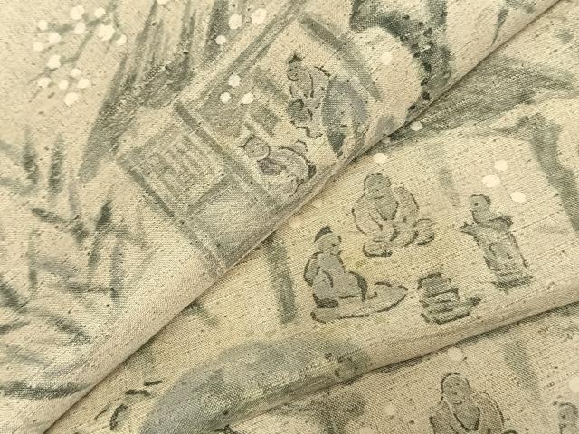 平和屋着物●上質な小紋　紬地　手描き　風景人物文　正絹　逸品　AABD0480fy