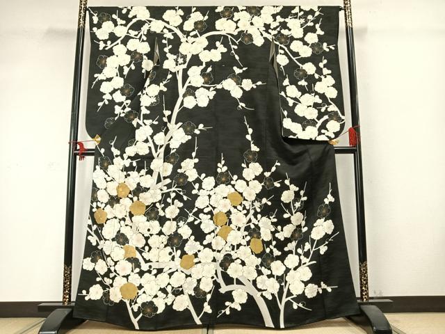 平和屋着物●訪問着　駒刺繍　梅　黒地　金彩　正絹　逸品　AABD0498fy