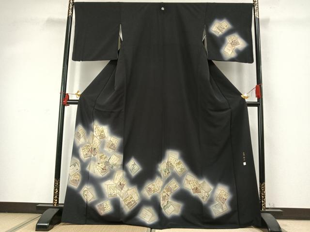 平和屋着物●加納義己　訪問着　百人一首　暈し染め　黒地　金銀彩　正絹　逸品　AABD0512fy